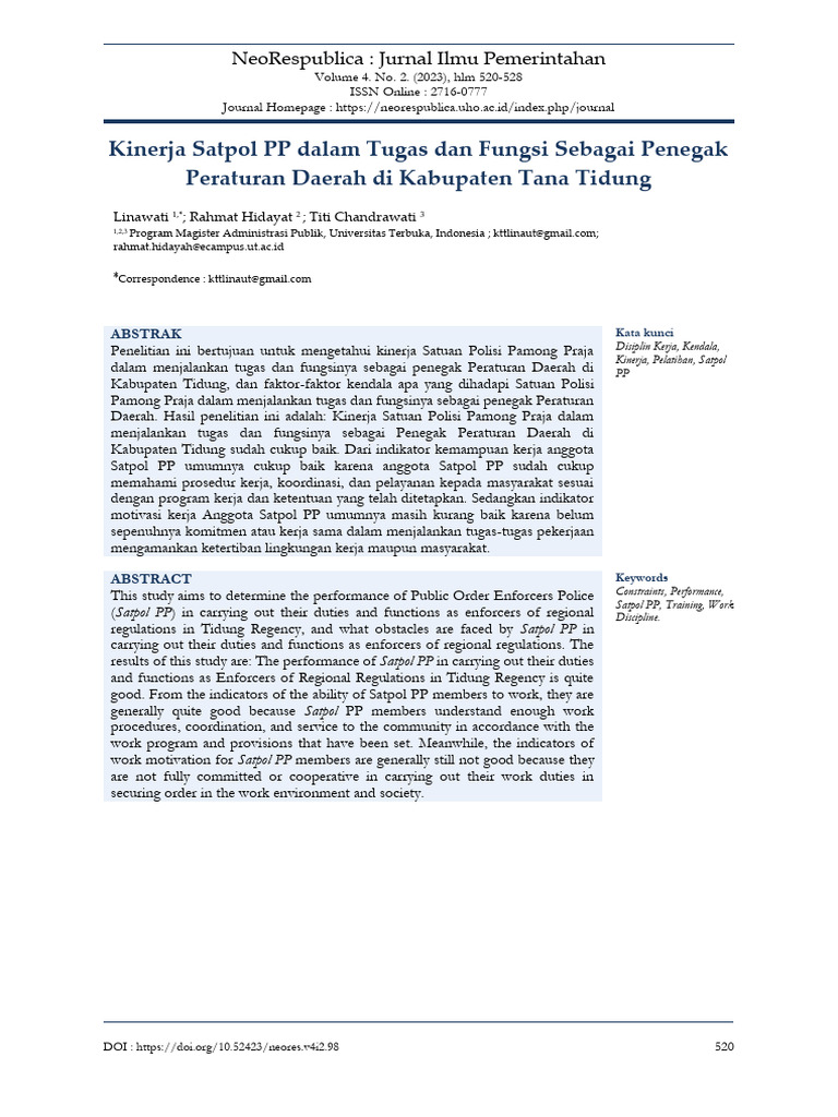 Kinerja Satpol PP Dalam Tugas Dan Fungsi Sebagai Penegak Peraturan Daerah Di Kabupaten Tana ...