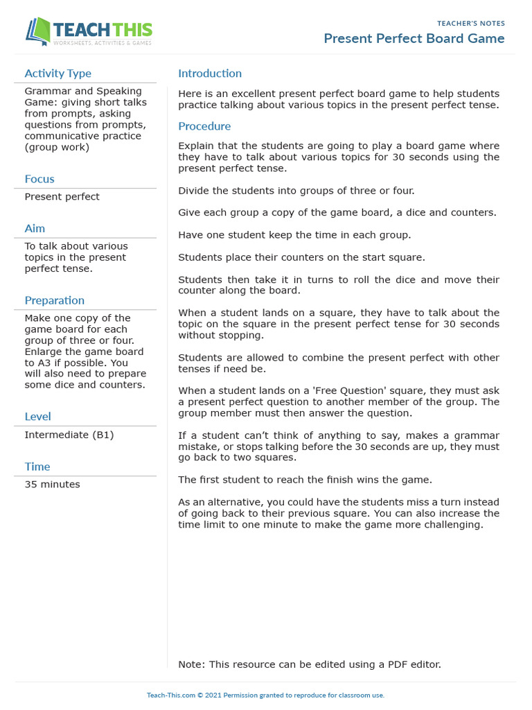 Present Perfect Board Game | PDF