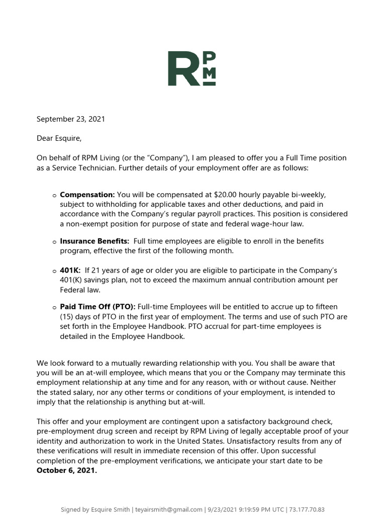 Offer Letter 1578 | PDF | Employment | 401(K)