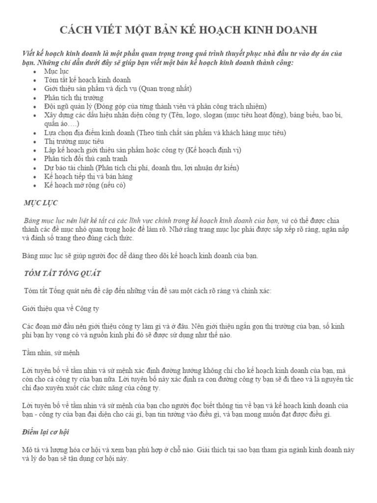 Cah viet mot ban ke hoach kinh doanh | PDF