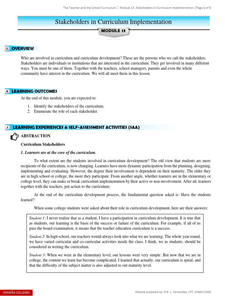 Stakeholders in Curriculum Implementation | PDF | Curriculum | Teachers