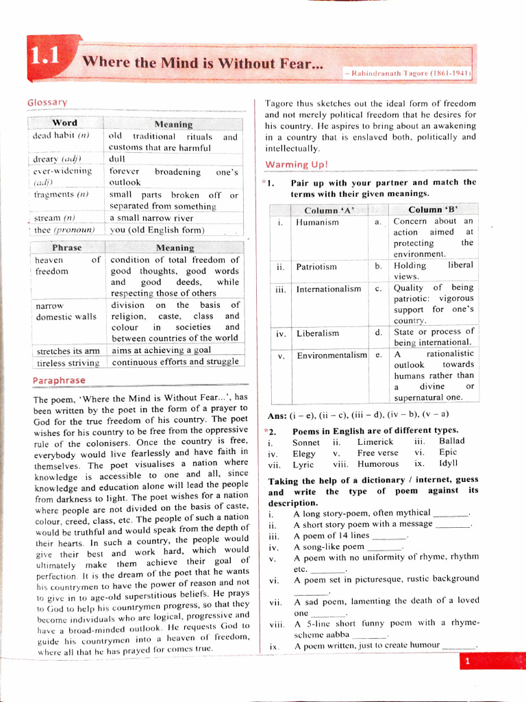 1.1 Where The Mind Is Without Fear | PDF | Poetry