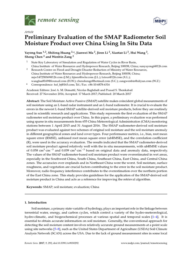 Remote Sensing-Preliminary Evaluation of The SMAP Radiometer Soil Moisture Product Over China ...