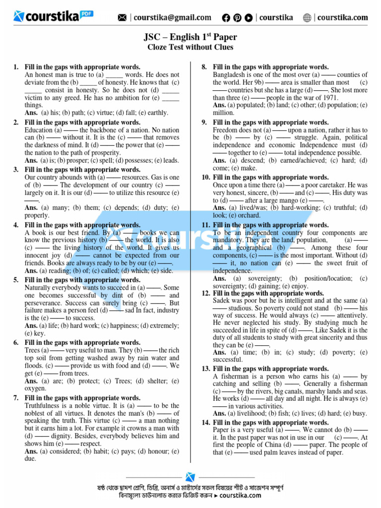 Cloze Test for JSC English Paper | PDF | Honey Bee