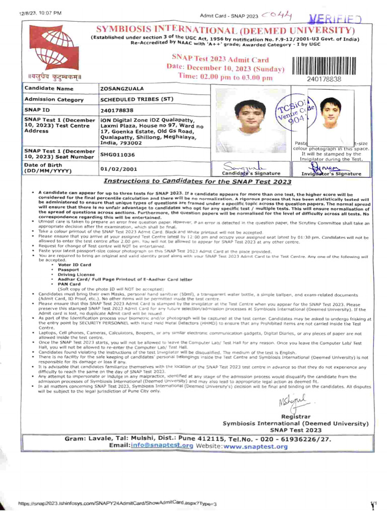 snap test 1 admit card | PDF