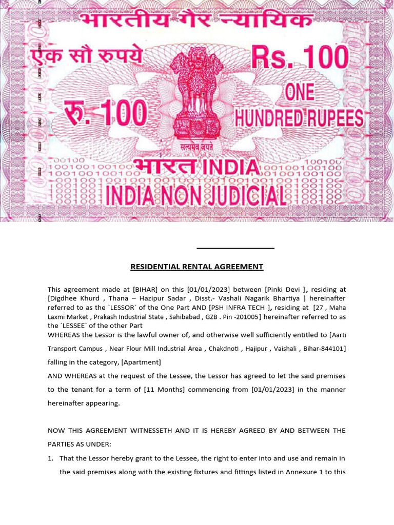Bihar Residential Lease Agreement | PDF | Lease | Real Property Law