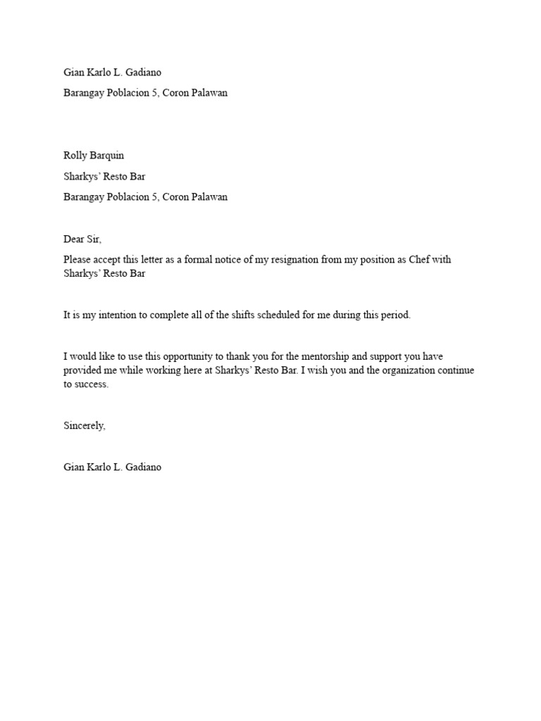 Chef Resignation Letter Template | PDF