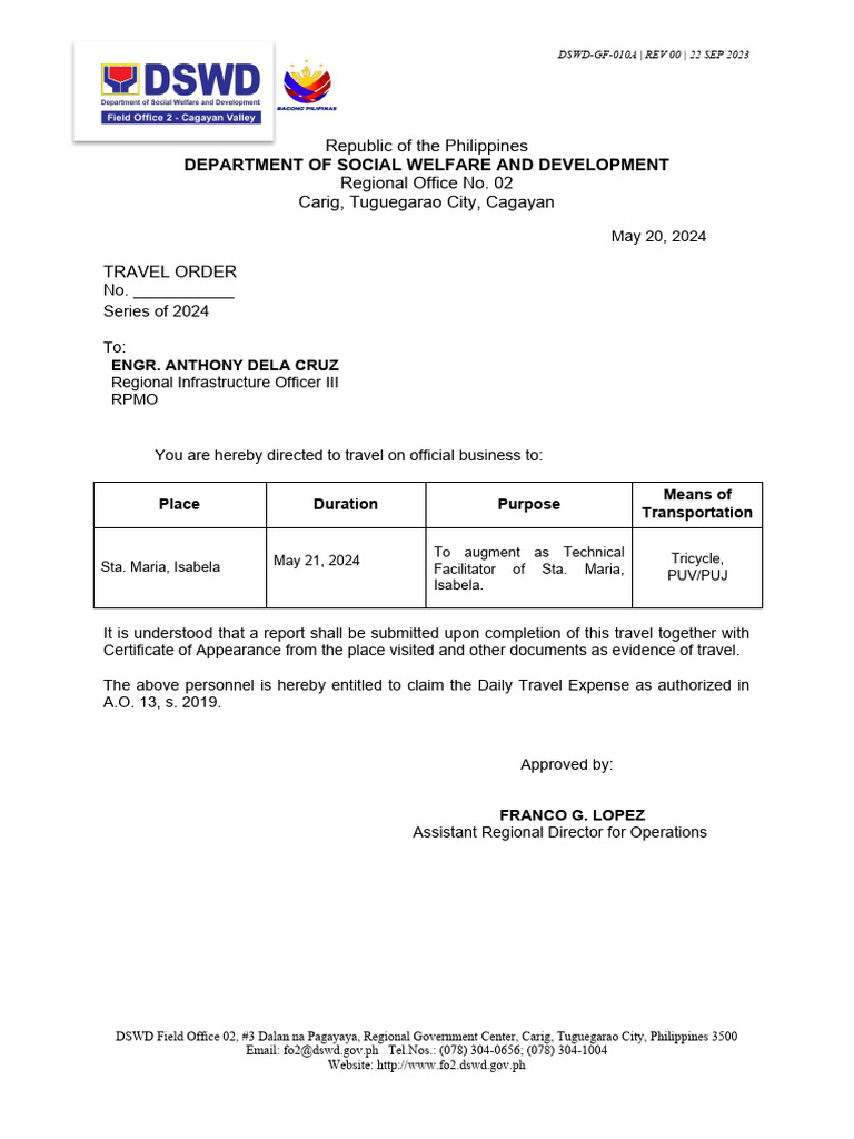 Travel Order for Official Business 2024 | PDF