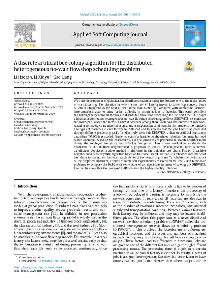 A Discrete Artificial Bee Colony Algorithm For The Distributed Pdf Metaheuristic Applied