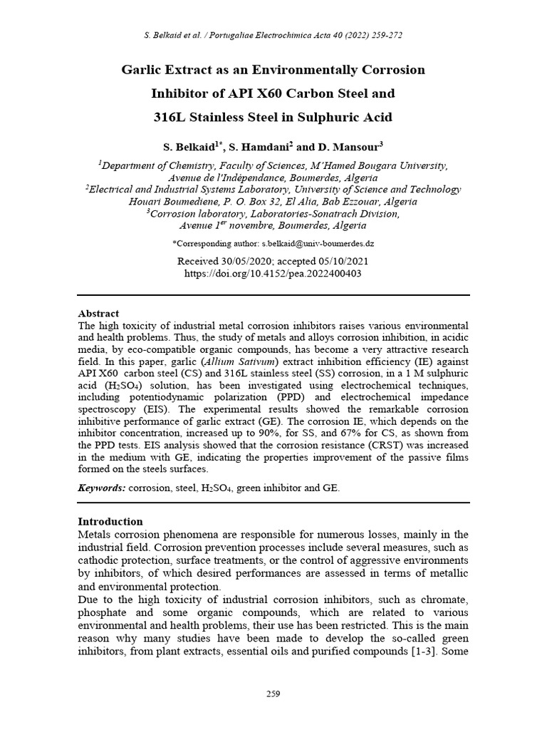 Garlic Extract As An Environmentally Corrosion Inhibitor of API x60 ...
