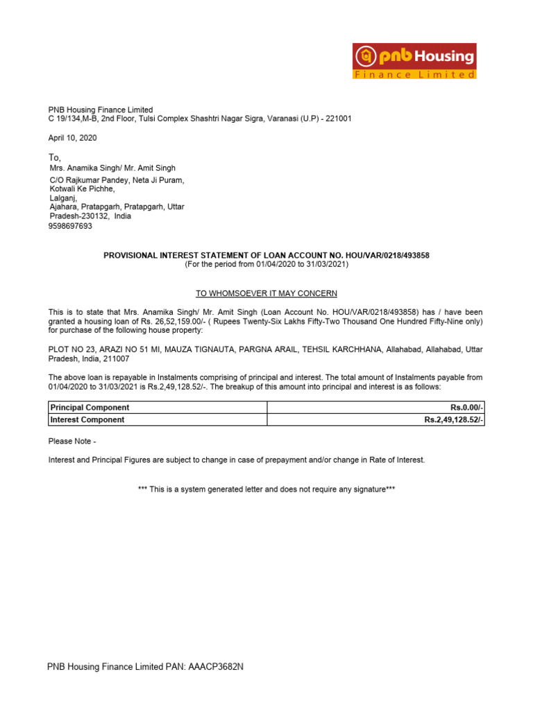 Provisional Interest Statement for Housing Loan | PDF | Loans | Mortgages
