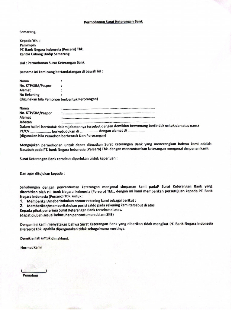 Surat Permohonan Keterangan Bank BNI | PDF