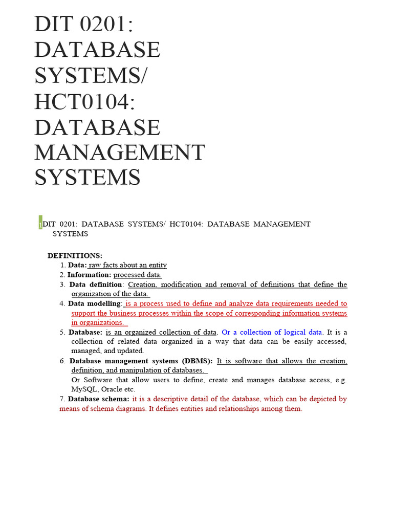 DIT 0201-HCT0104-Database Notes | PDF | Databases | Relational Database