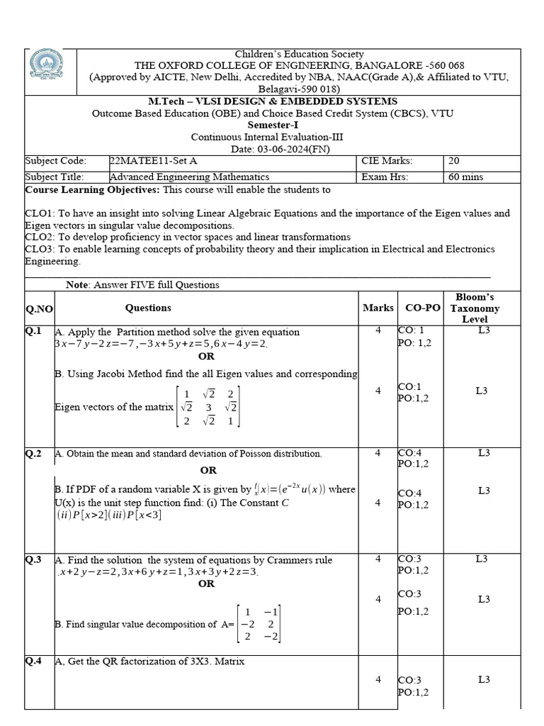 CIE3 (Mtech ECE) B - 2024 | PDF | Eigenvalues And Eigenvectors | Vector Space