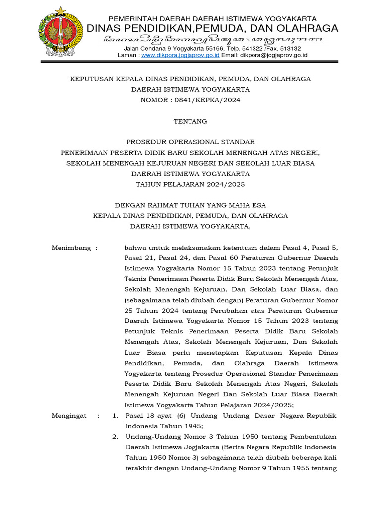 KEPKA No 0841 Tahun 2024 Tentang POS PPDB | PDF