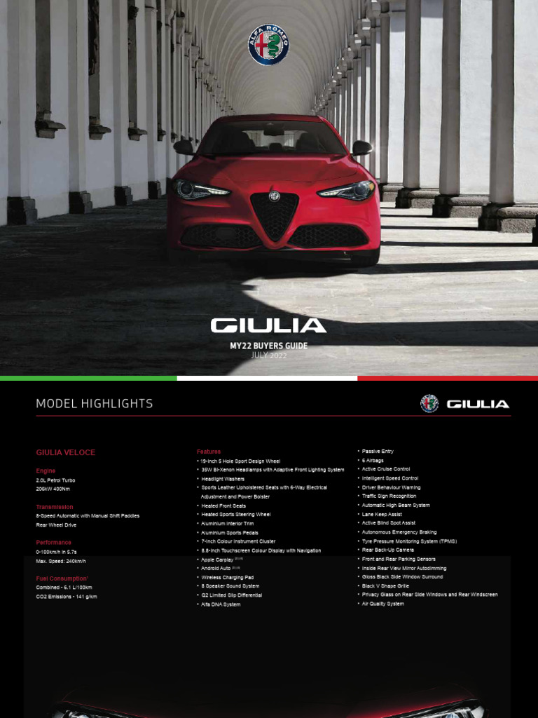 MY22 Giulia Buyers Guide | PDF | Headlamp | Fuel Economy In Automobiles