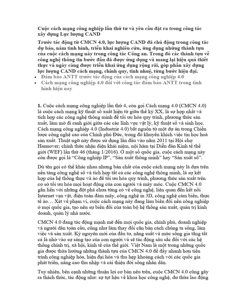 Cuộc cách mạng công nghiệp lần thứ tư và yêu cầu đặt ra trong công tác xây dựng Lực lượng CAND | PDF