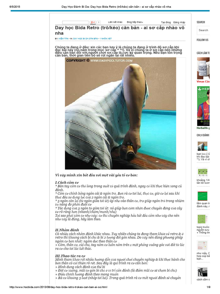 Dạy Học Đánh Bi Da_ Day Học Bida Retro (Trô_kéo) Căn Bản - Ai Sơ Cấp Nhào Vô Nha | PDF