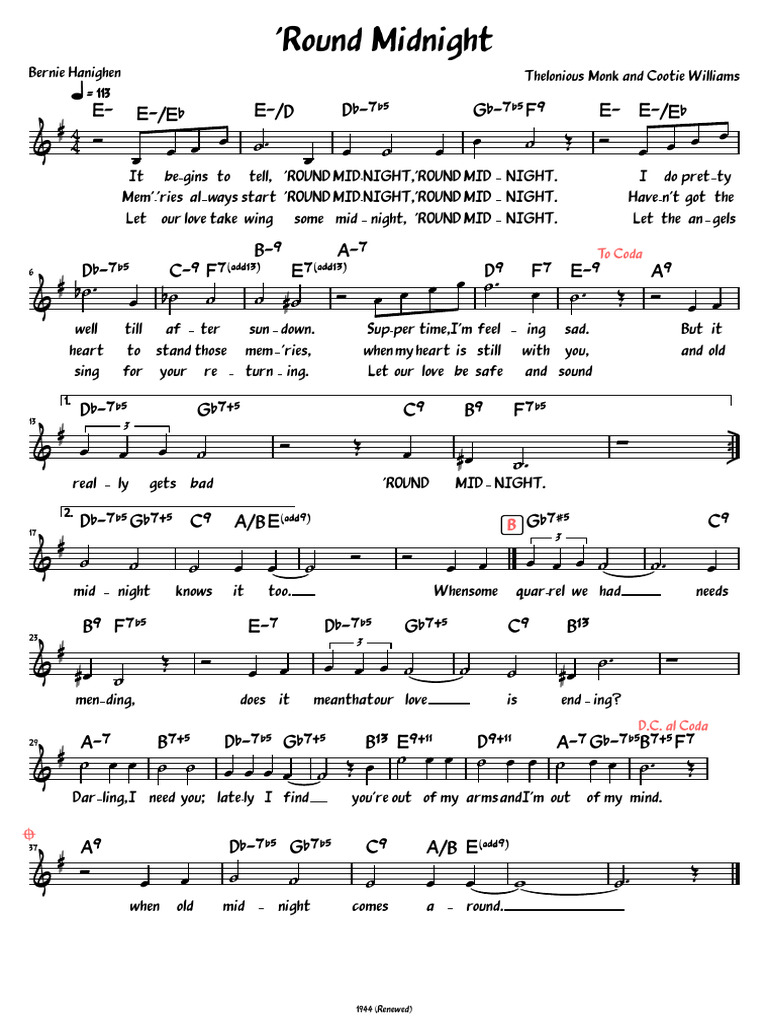 Round Midnight Lead Sheet With Lyrics | PDF | Musical Forms | American Jazz