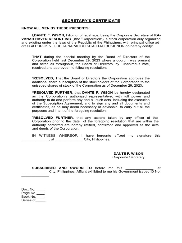 Secretarys Certificate Share Issuance | PDF | Finance & Money ...