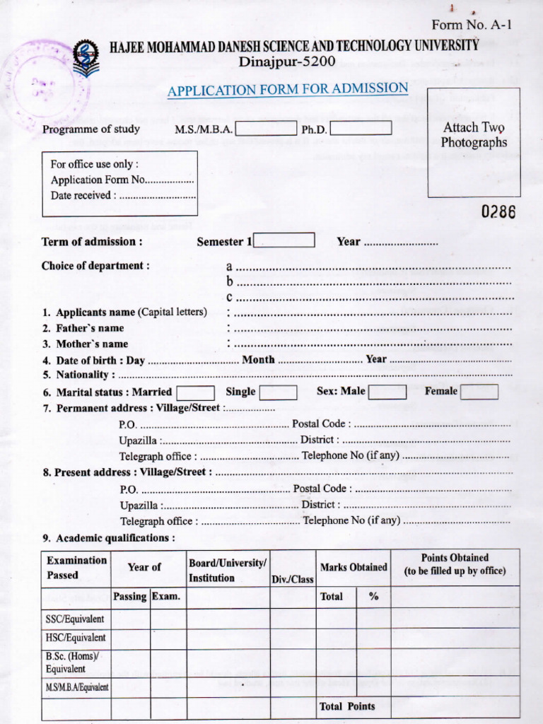 MS Admission Application Form HSTU | PDF