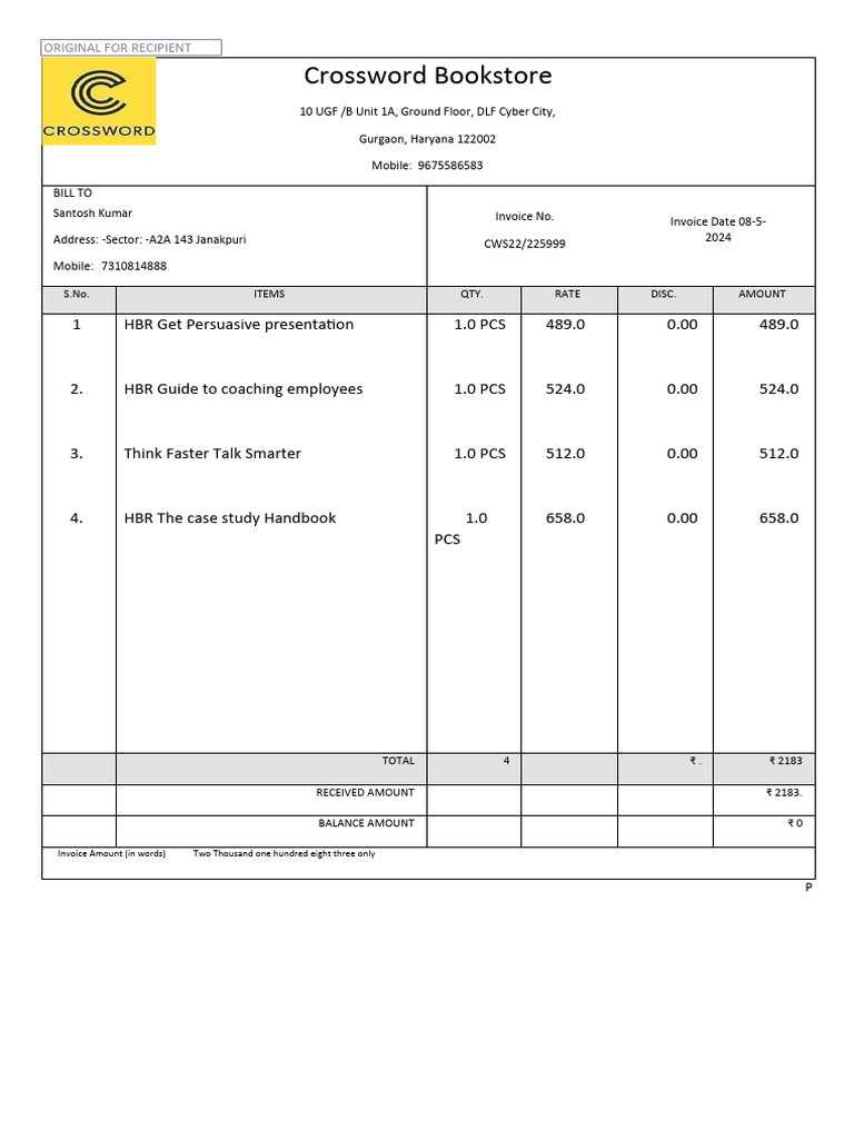 Invoice for Book Purchase at Crossword | PDF