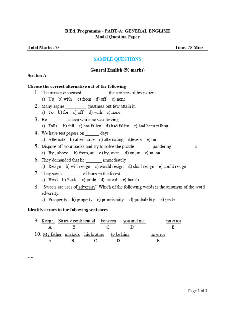 B.Ed. General English Model Question Paper | PDF