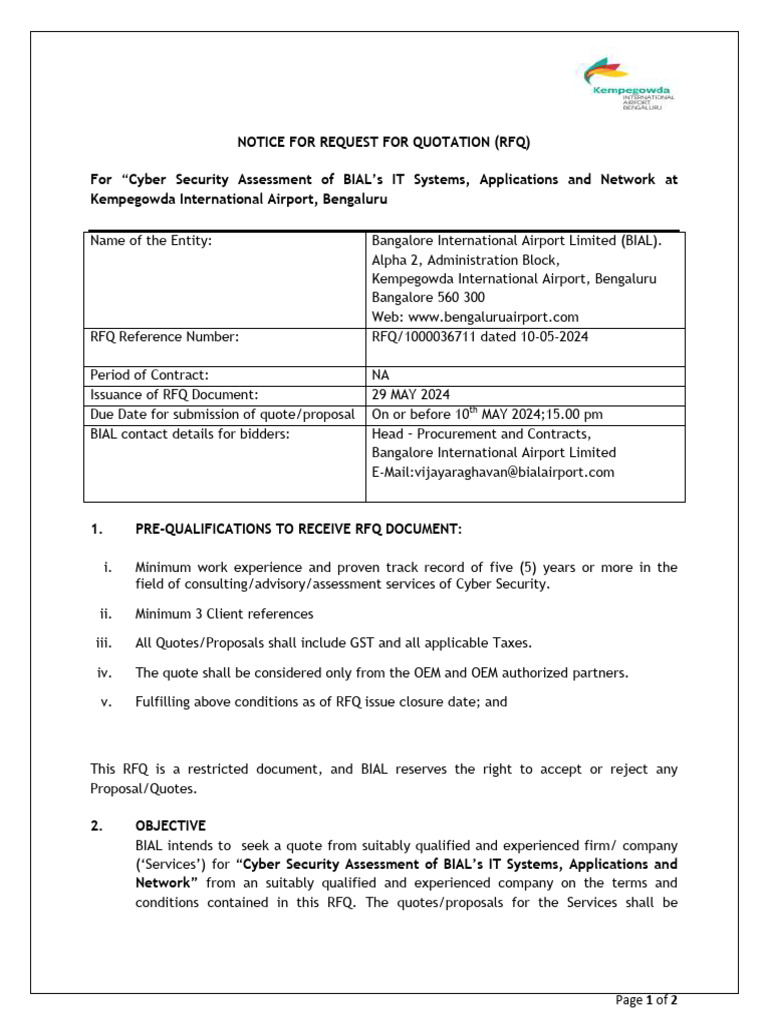 Cyber Security RFQ for BIAL Systems | PDF | Business