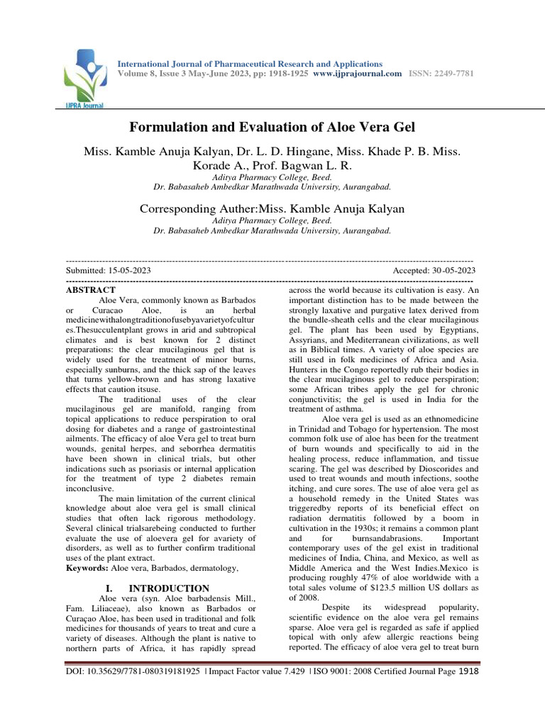 Aloe Vera Gel: Formulation & Evaluation | PDF | Wound Healing | Topical ...