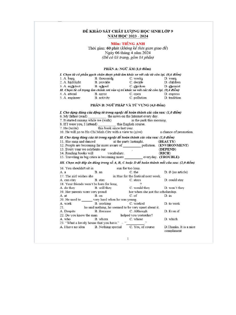 De Khao Sat Tieng Anh 9 Huyen Trieu Son Nam Hoc 20232024 | PDF