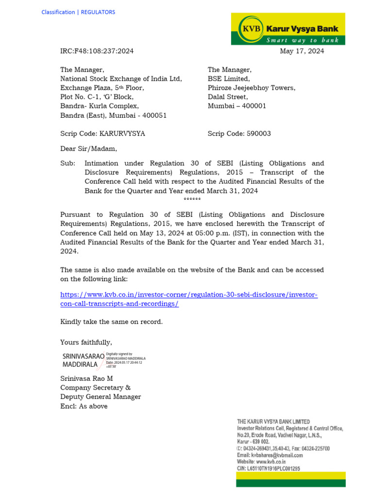 Karur Vysya Bank Transcript | PDF | Banks | Deposit Account