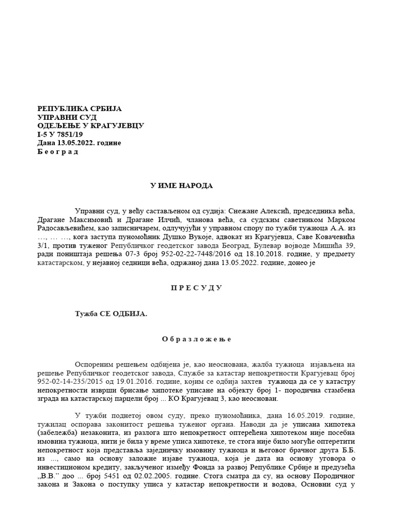 Upravni Sud U 7851 2019 | PDF