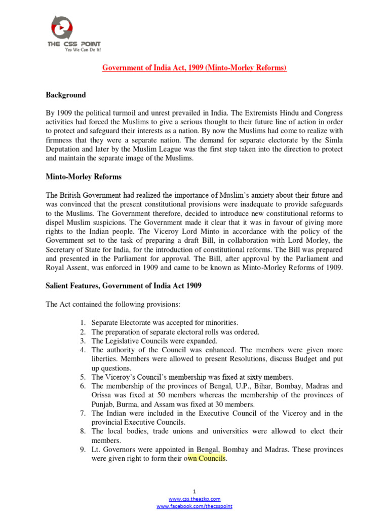 Government of India Act, 1909 (Minto-Morley Reforms) | PDF | Government Of India | British India