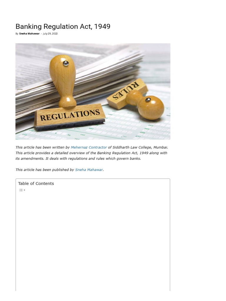 Banking Regulation Act 1949 - Ipleaders | PDF | Banks | Reserve Bank Of India