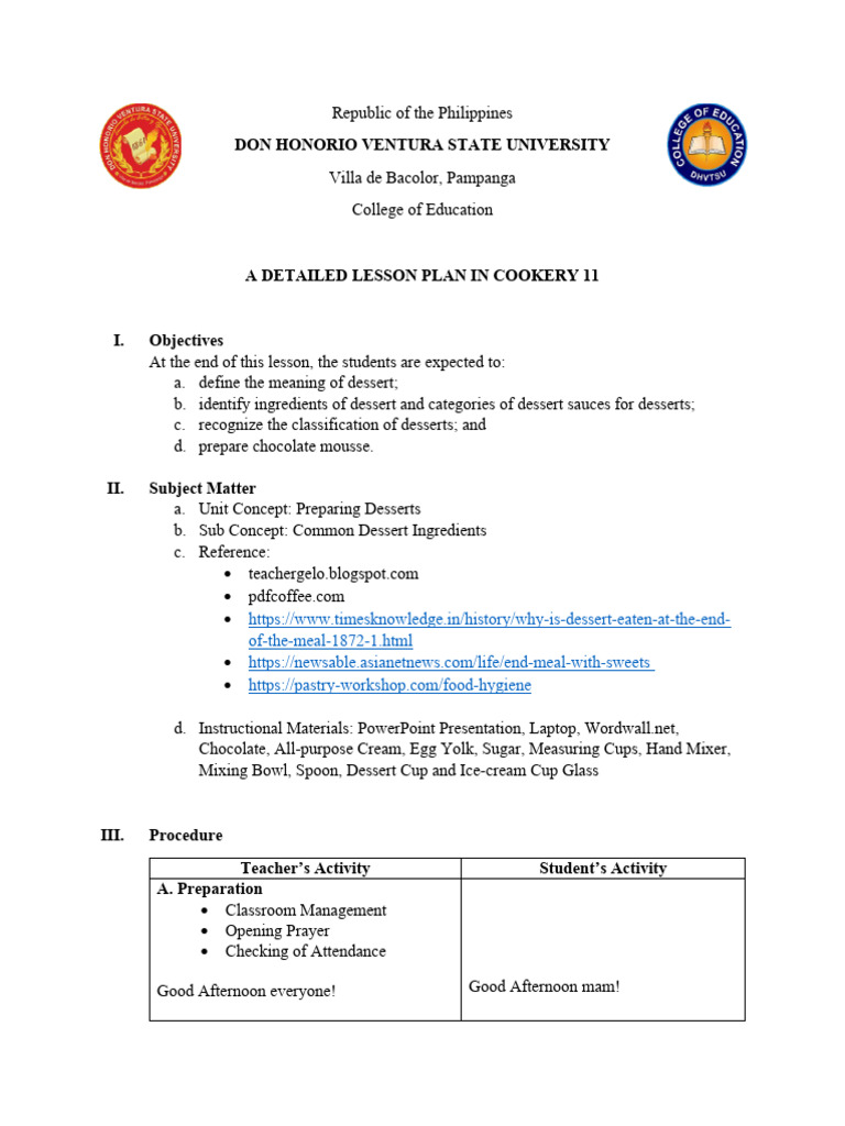 Bondoc Leslie Ann R. Detailed Lesson Plan in Cookery 11 Preparing ...