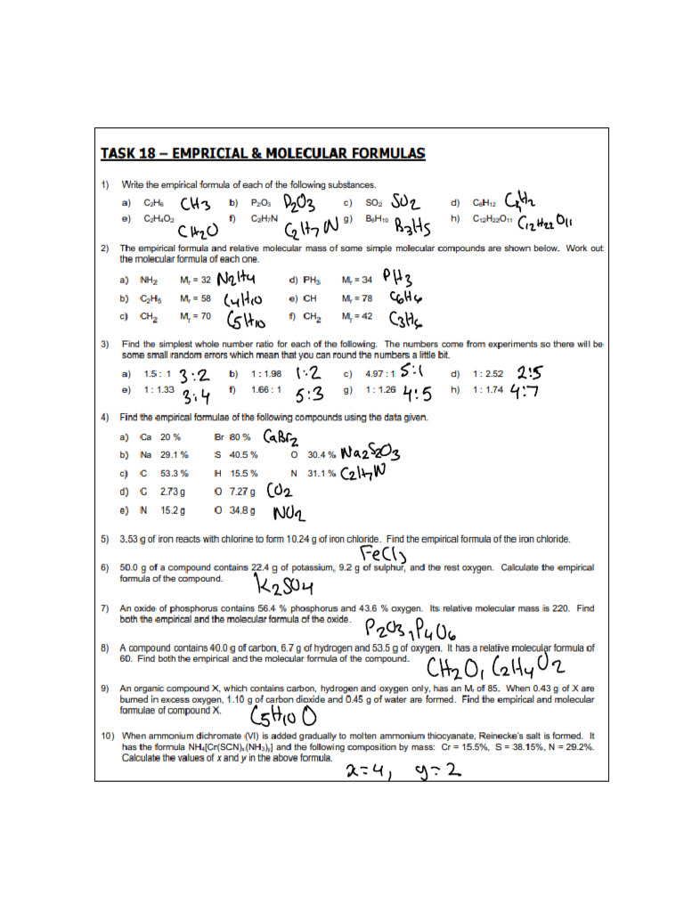 Task 18 Empirical And Molecular Formula Pdf