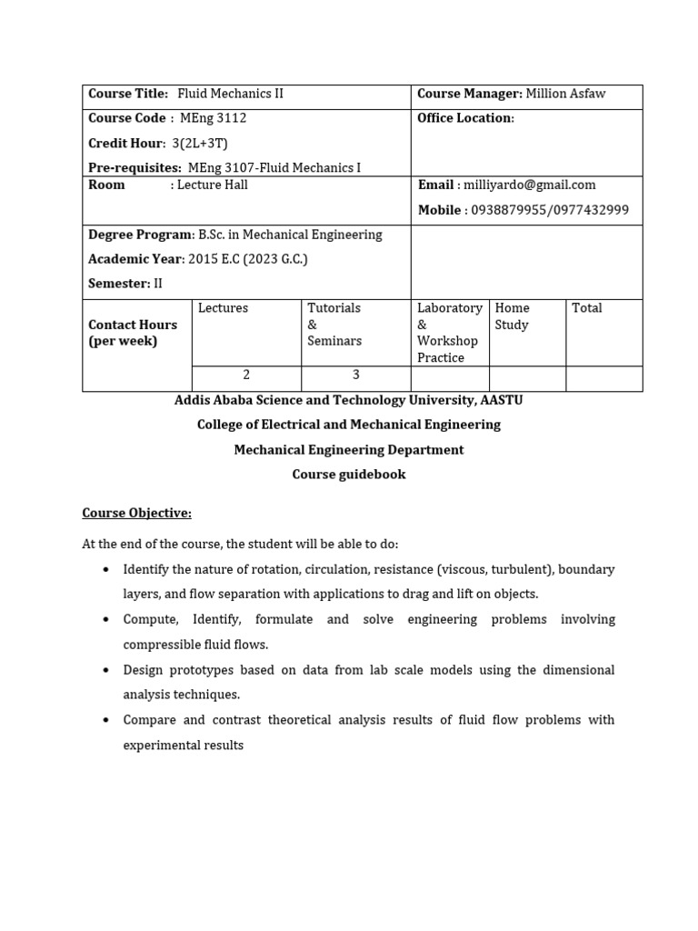 Fluid Mechanics II-course Guide Book - 2023 - ASTU | PDF | Fluid ...