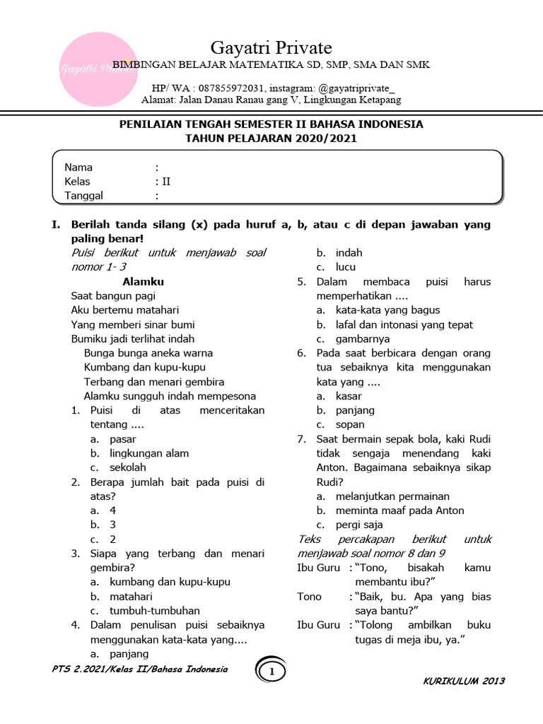 Soal Uts b. Indonesia Kelas 2 Smt 2 | PDF