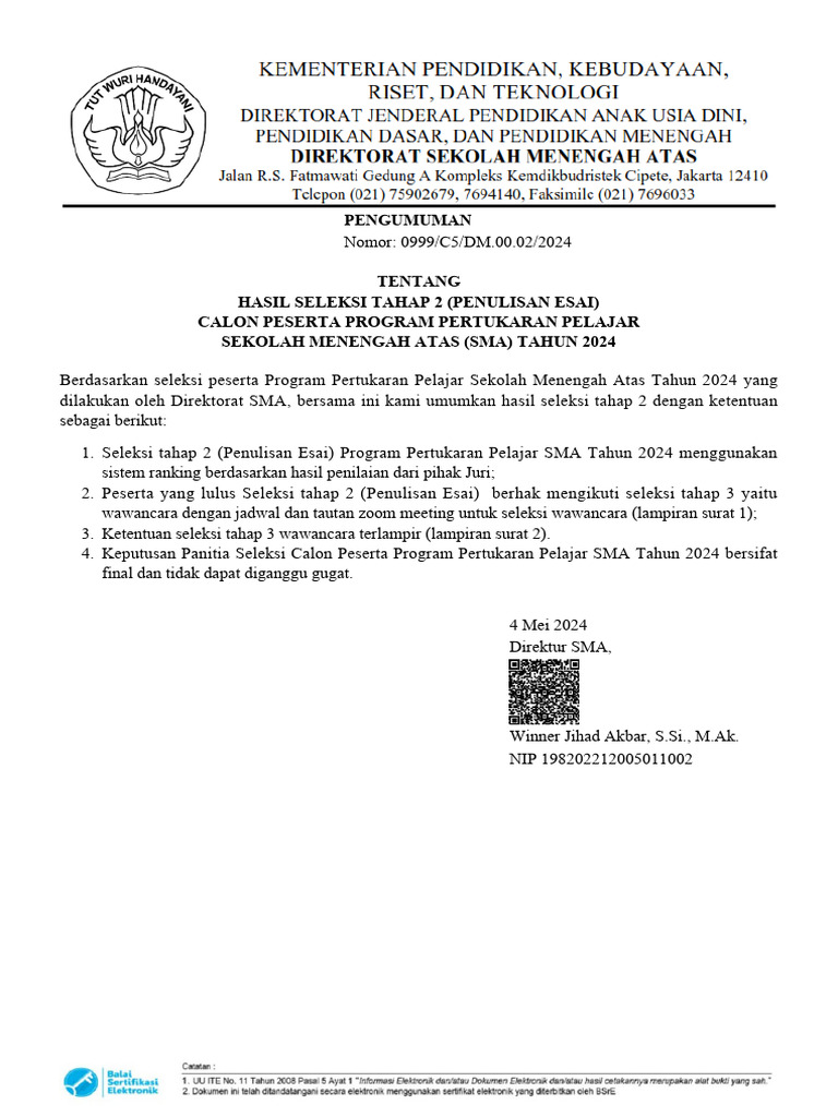 Hasil Seleksi Tahap 2 Pertukaran Pelajar | PDF