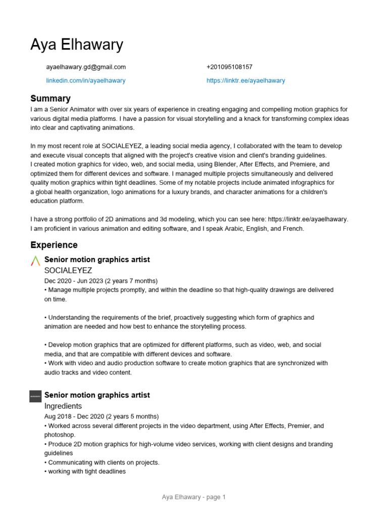 Resume-Aya-Elhawary (1) Level B | PDF | Graphics | 3 D Computer Graphics