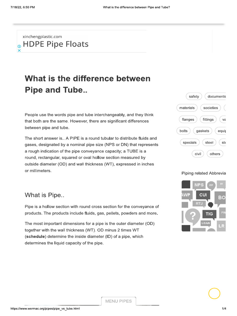 What Is The Difference Between Pipe and Tube | PDF