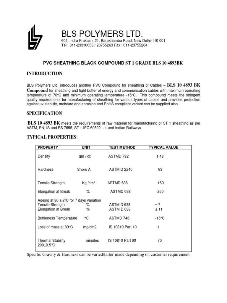TDS of PVC ST 1 Compound BLS 10 - 4893 BK | Download Free PDF ...