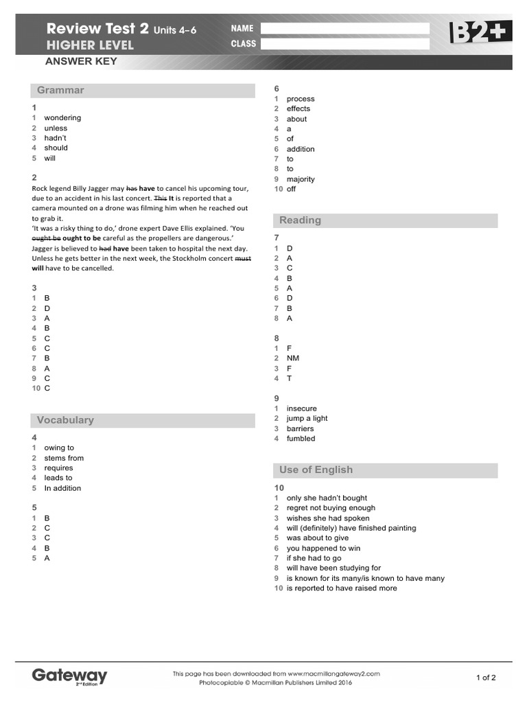 GATEWAY B2PLUS Review Test 2 Answer Key Higher | PDF