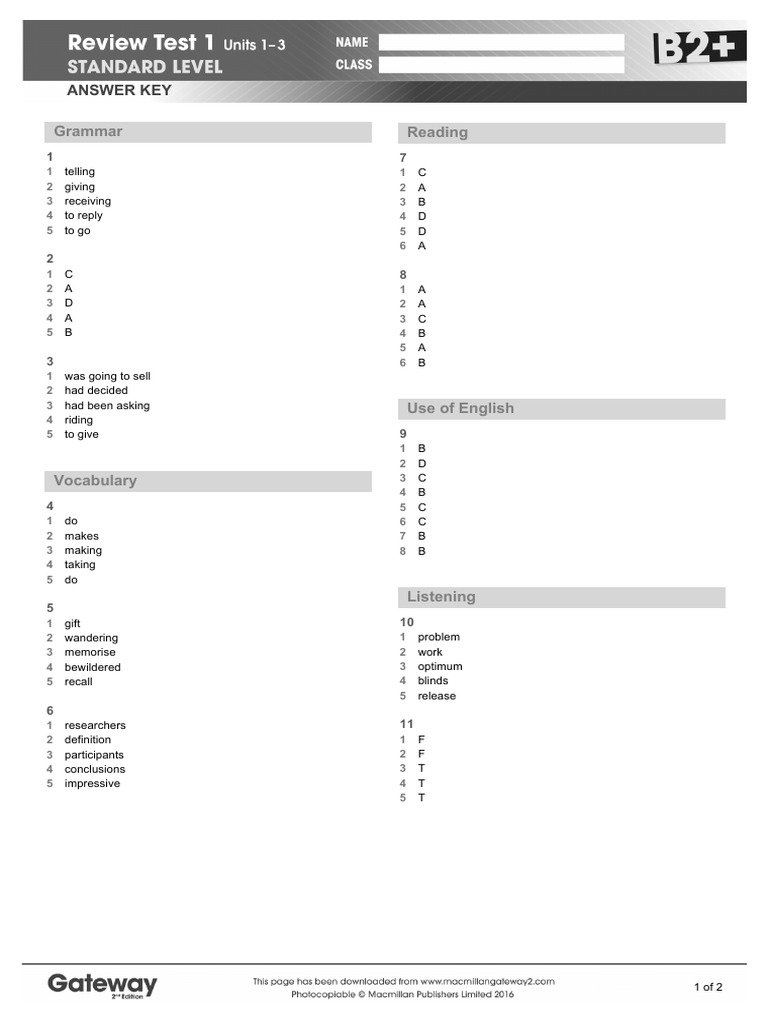 Gateway B2+ Answer Key Overview | PDF | Cognition