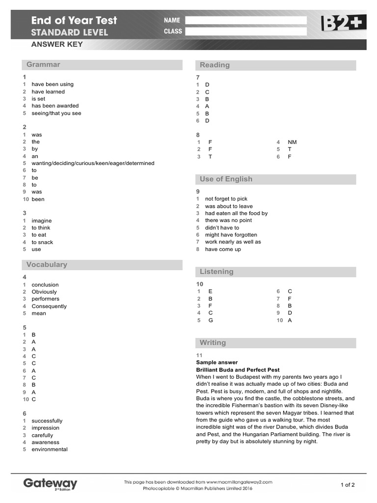 Gateway B2 End-of-Year Test Answers | PDF | Budapest