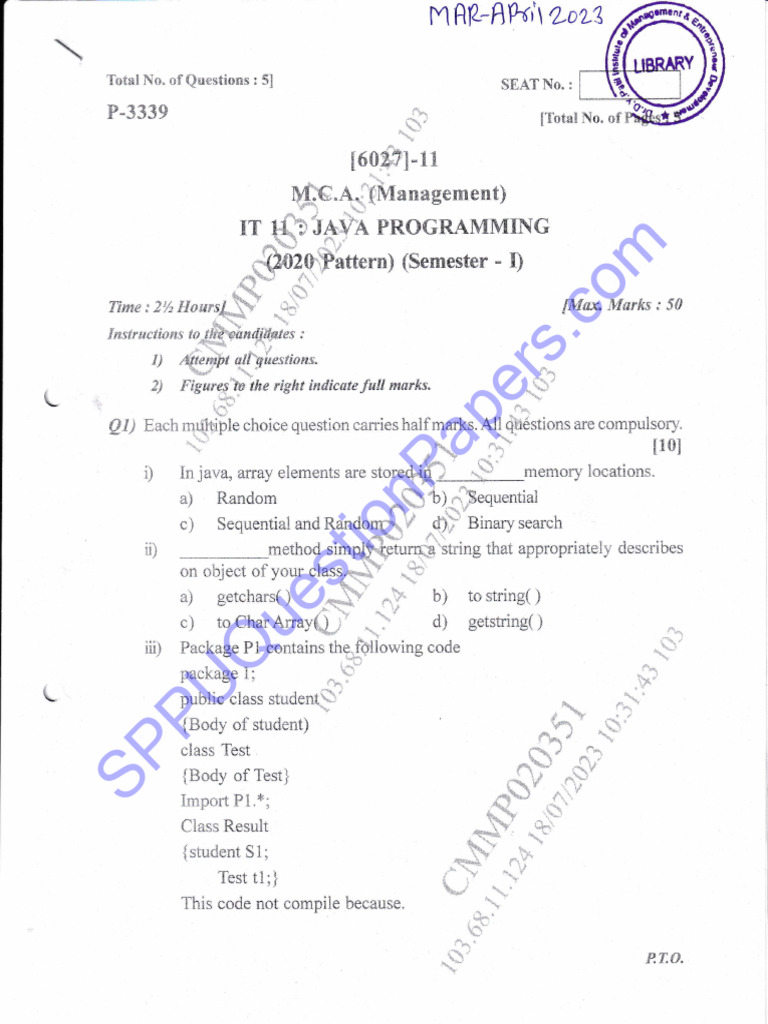 Postgraduate PG - Master Computer Applications Mca - Semester 1 - 2023 - May - Java Programming ...