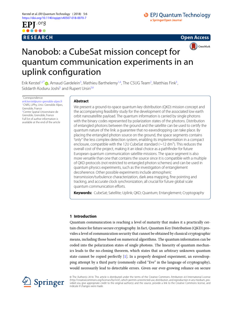 Nanobob: A Cubesat Mission Concept For Quantum Communication ...
