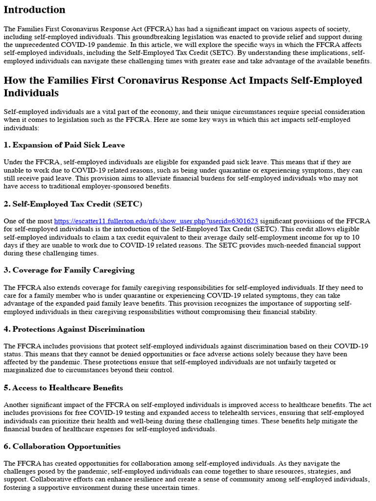 FFCRA Benefits for Self-Employed | PDF | Self Employment | Small ...