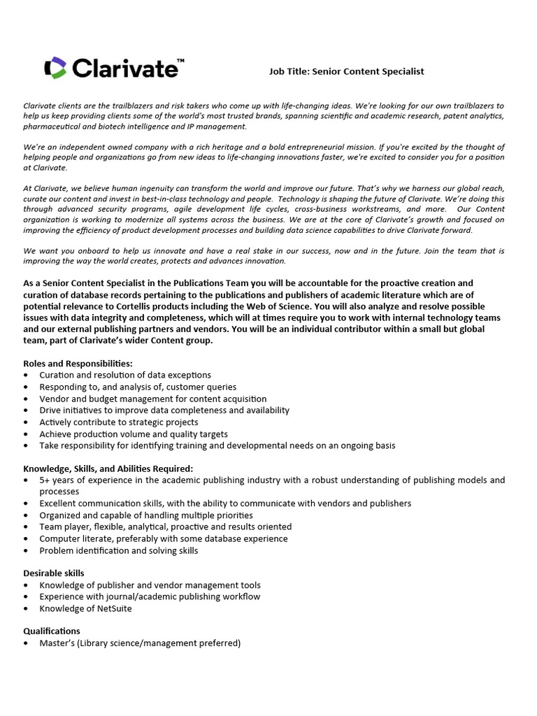 JD - SR Content Specialist | PDF | Databases | Business