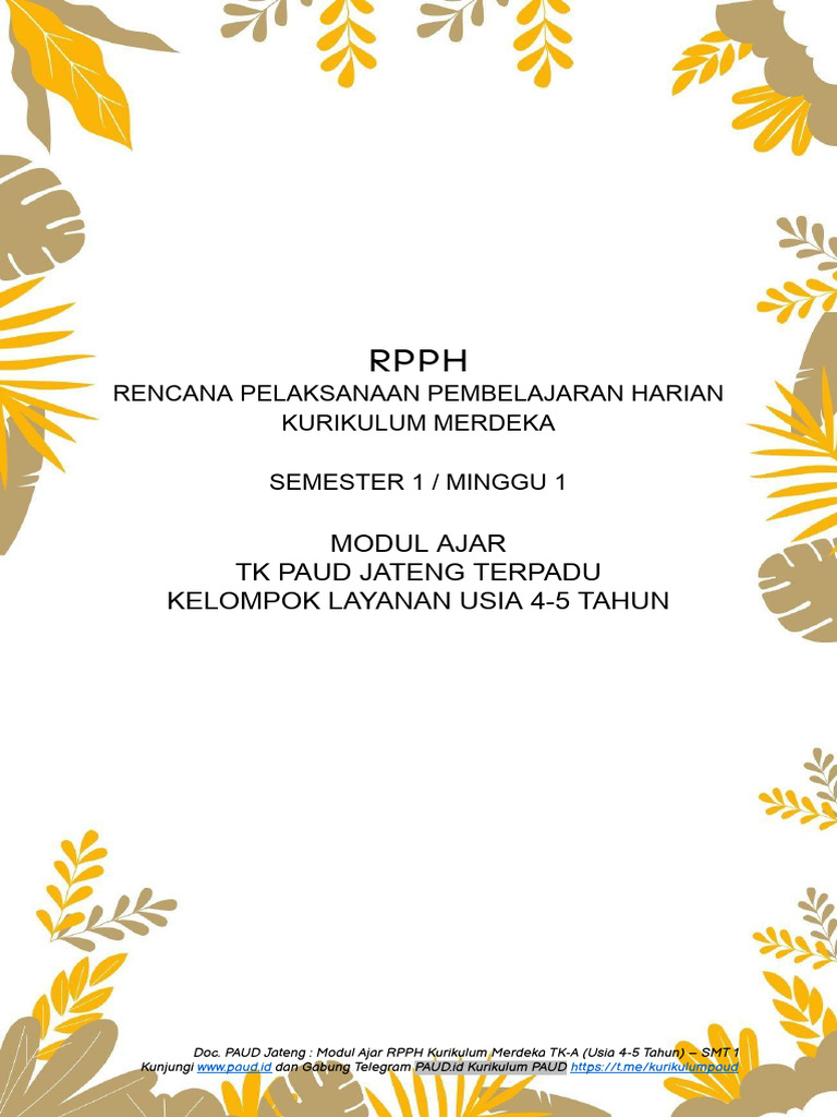 Modul Ajar RPPH TK A 4 5 Tahun Kurmer Smt1 Minggu 1 | PDF